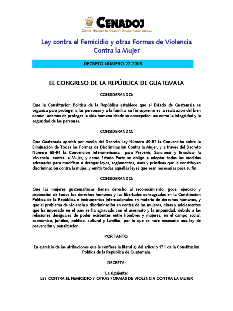 Ley Contra El Femicidio y Otras Formas de Violencia Contra La Mujer Guatemala | PDF | La ...
