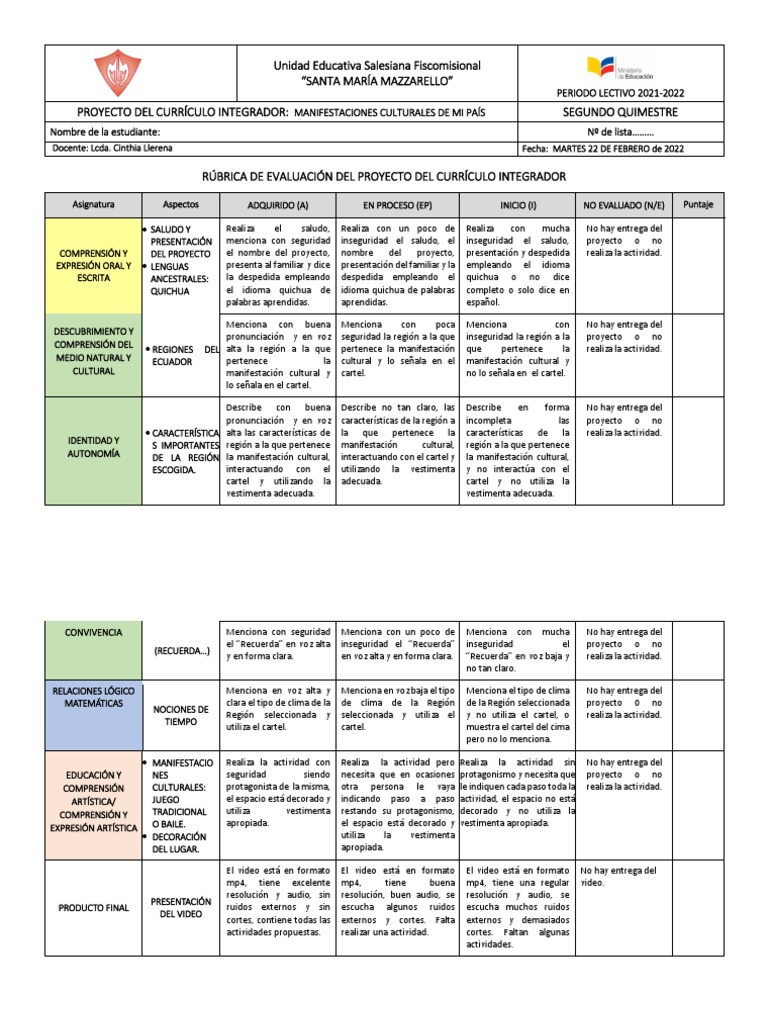 1ero Egb - 2.rubrica Proyecto Currículo Integrador 2Q - 2021 - 2022 | PDF