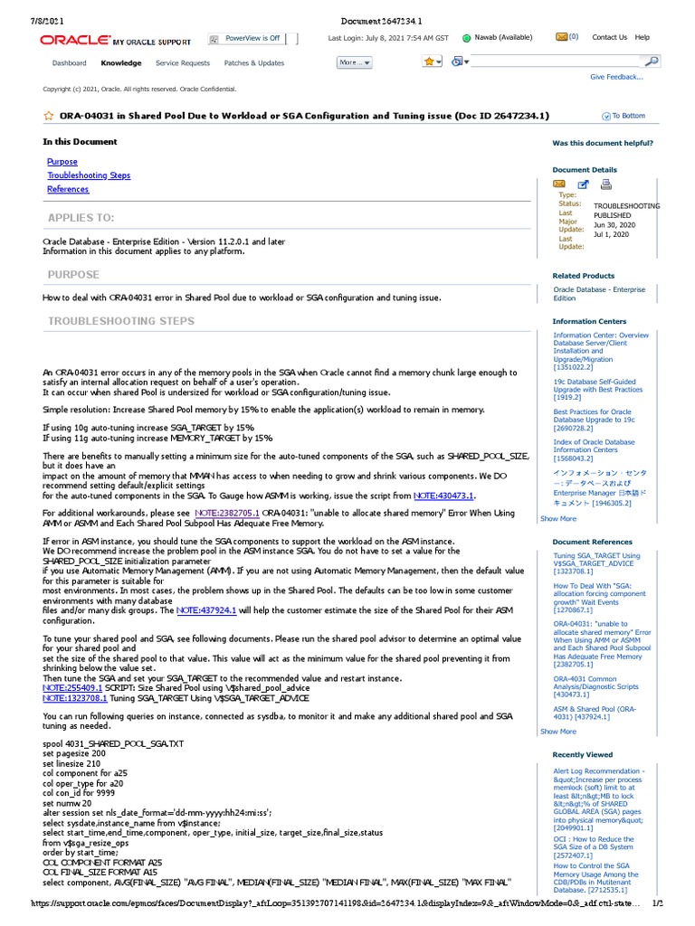 Ora 04031 In Shared Pool Due To Workload Or Sga Configuration And Tuning Issue Doc Id 2647234 1
