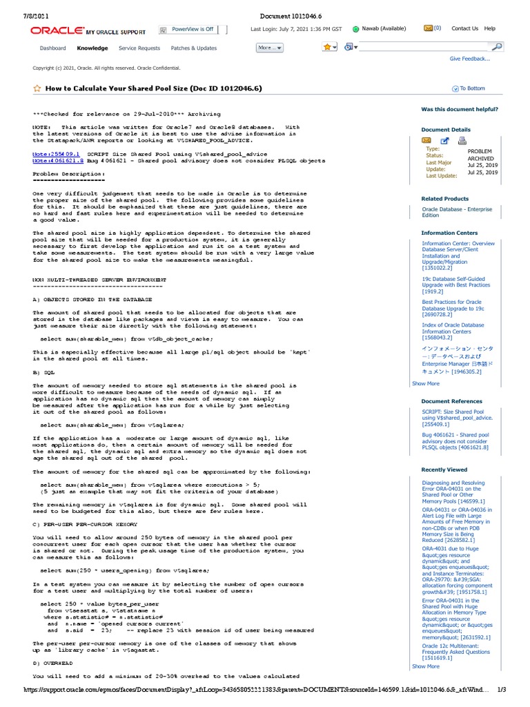 How To Calculate Your Shared Pool Size (Doc ID 1012046.6) | Download Free PDF | Data Management ...