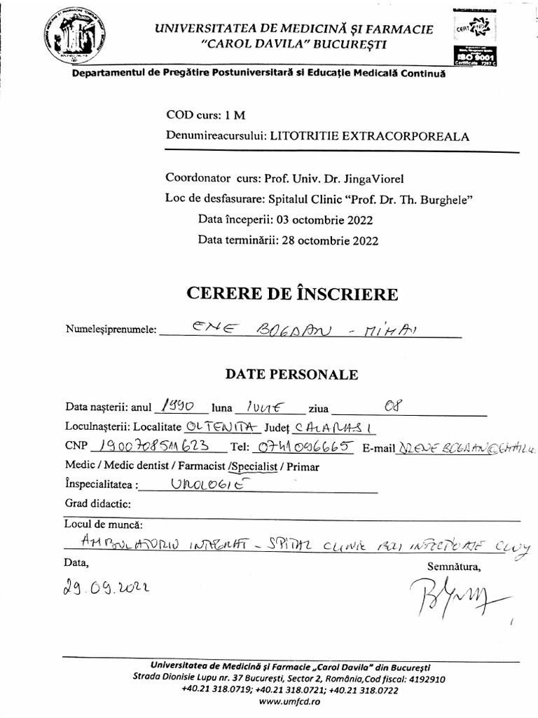 Cerere Inscriere Curs 1 M | PDF