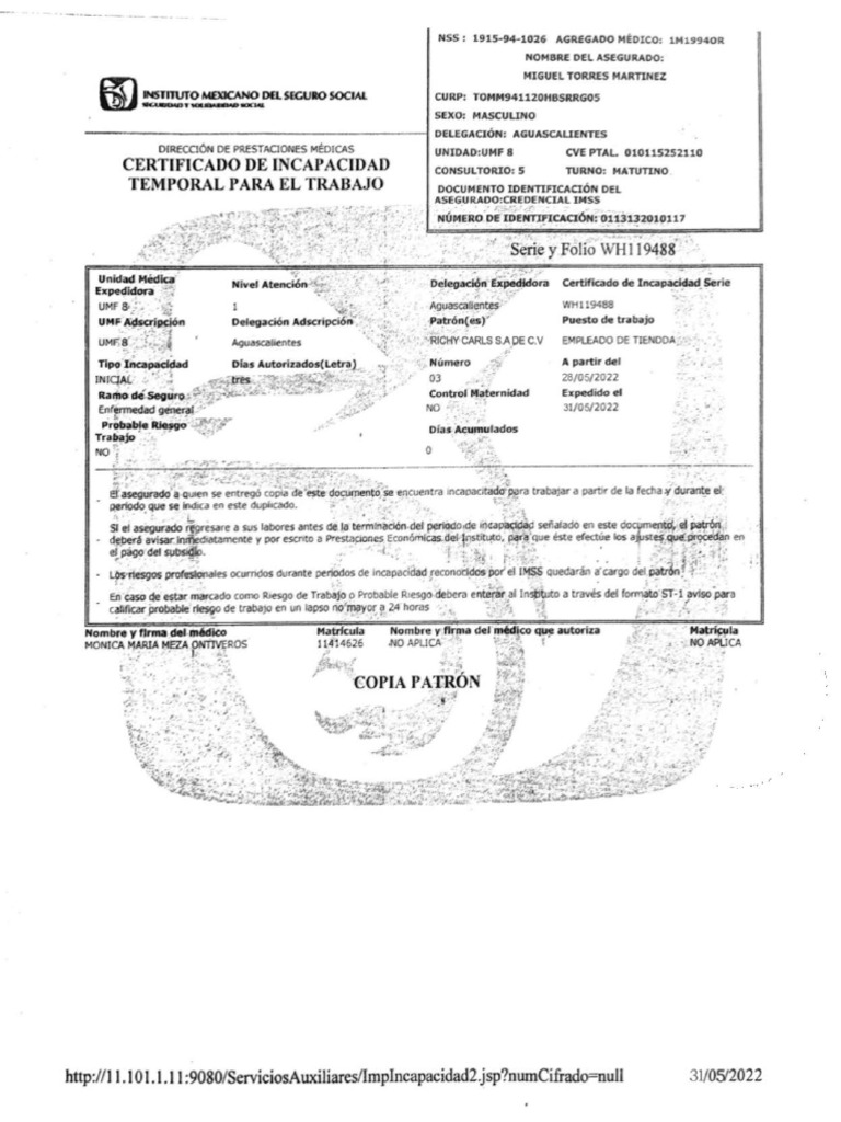 Certificado de Incapacidad Temporal | PDF