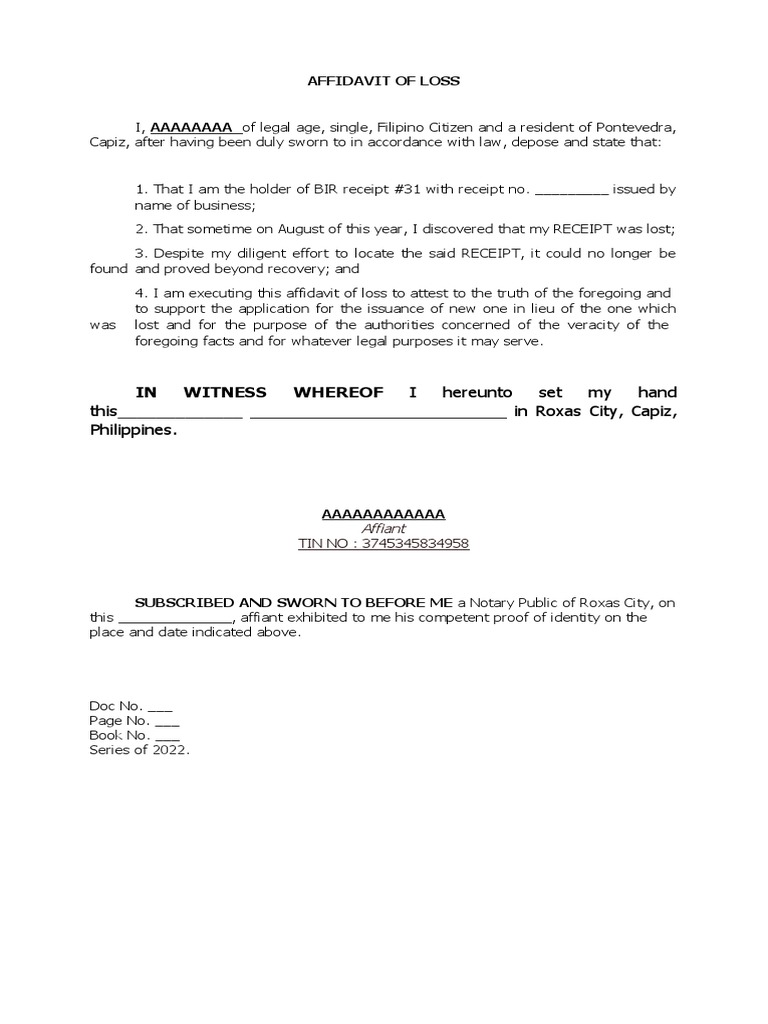 Affidavit of Loss - Bir Receipt | PDF