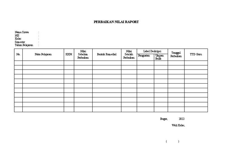 Format Perbaikan Nilai Raport | PDF