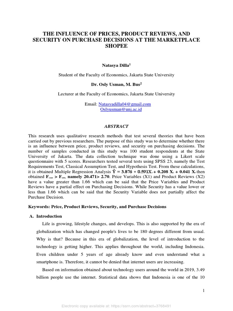 The Influence of Prices, Product Reviews, and Security On Purchase Decisions at The Marketplace ...