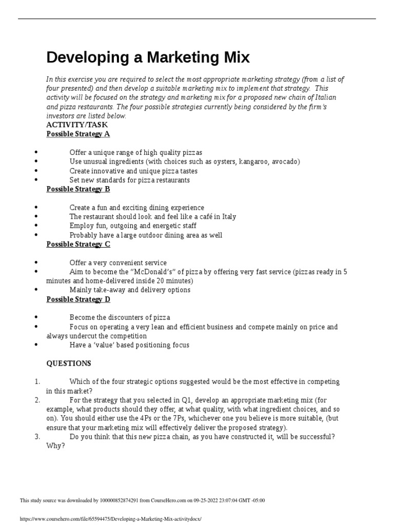 Developing A Marketing Mix Activity | PDF | Marketing | Pizza