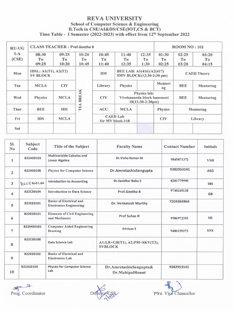 First Sem Time Table As On 08092022 | PDF