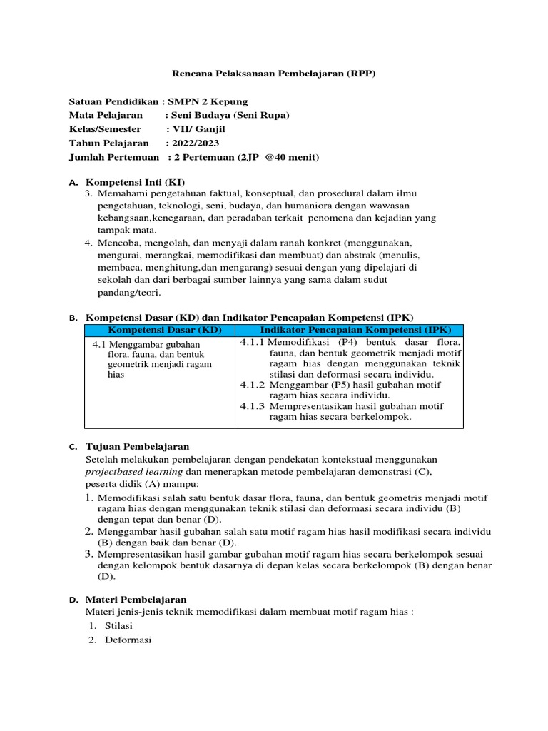 RPP Seni Rupa Kelas VII | PDF