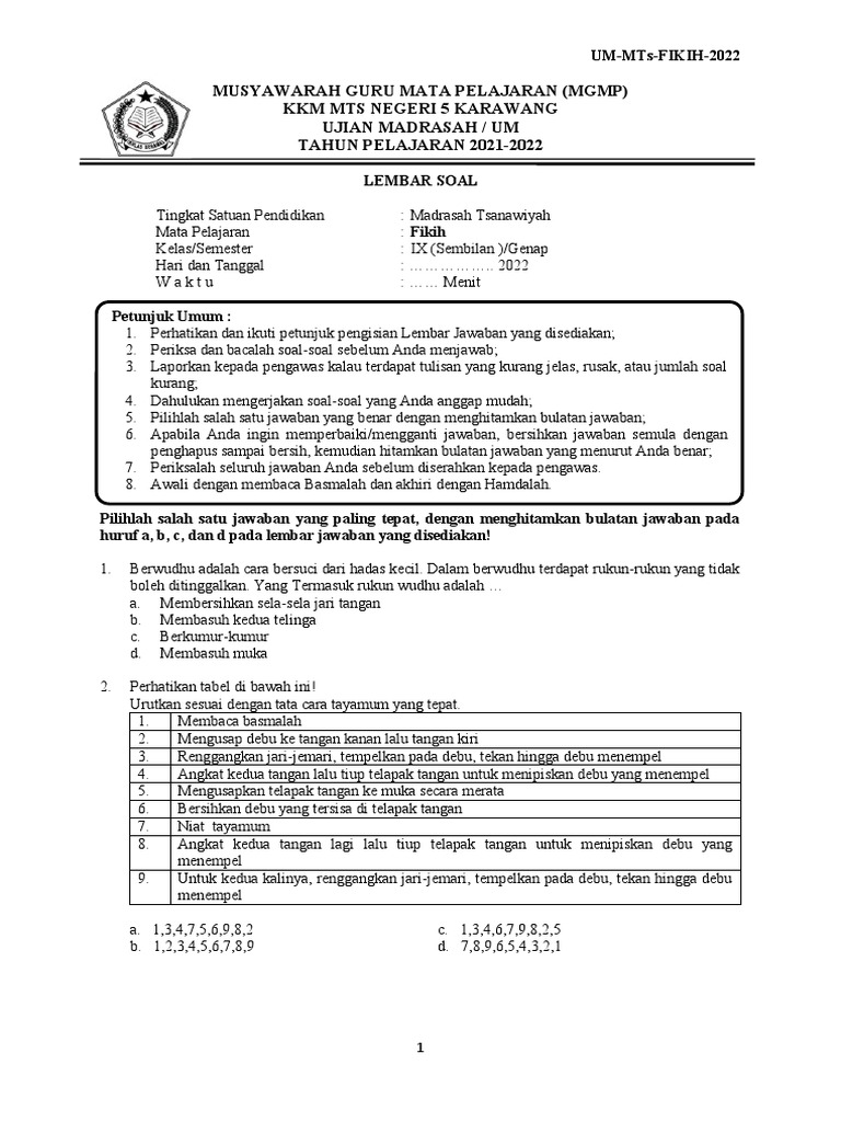 SOAL UM FIKIH MTs 2021-2022 | PDF