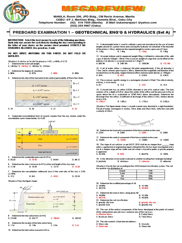 PREBOARD GEO HYDRA WITH ANSWERS NOV 2017 - Set A | PDF | Soil Mechanics ...