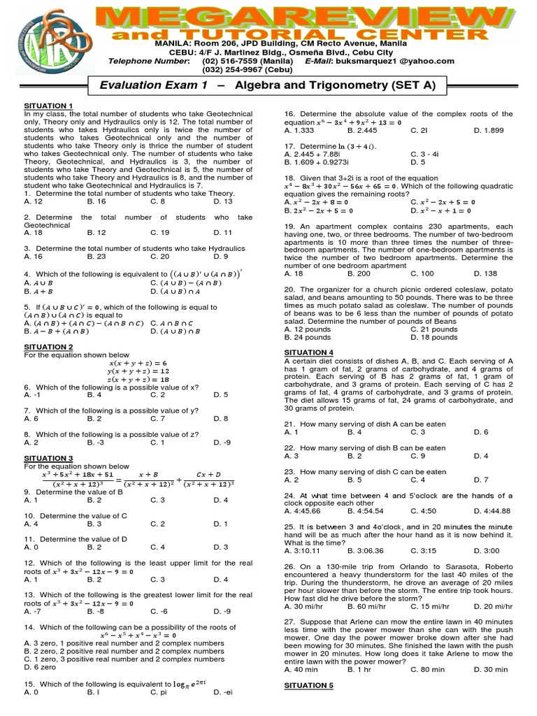 Evaluation Exam 1 Math Algebra and Trigonometry SET A | PDF | Angle ...
