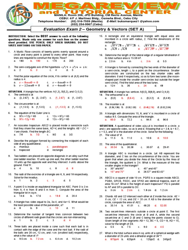 Geometry & Vectors Evaluation Exam | PDF | Triangle | Area