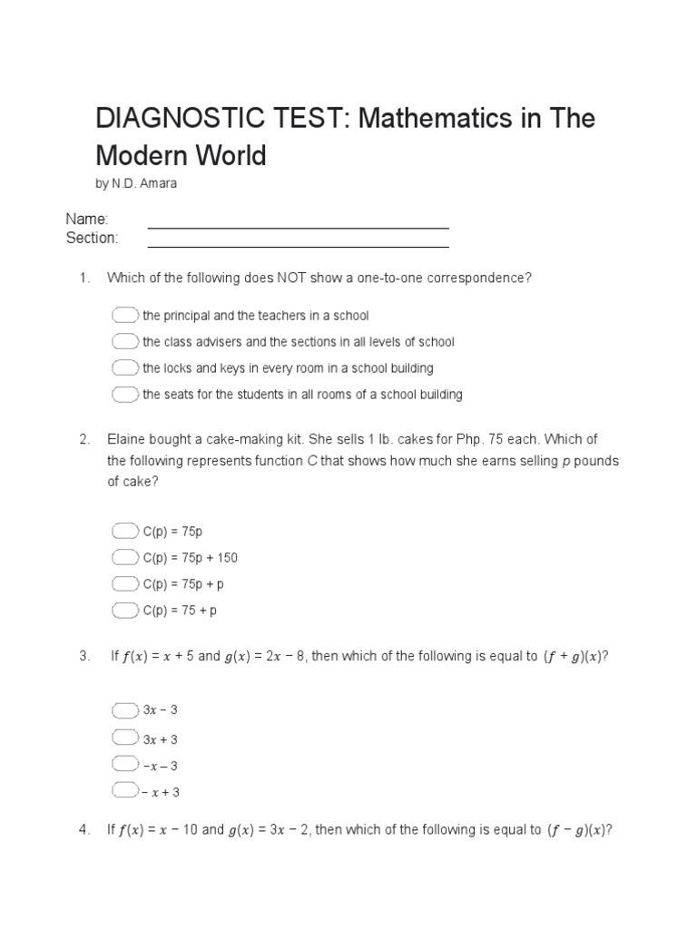 DIAGNOSTIC TEST - Mathematics in The Modern World Google Forms | PDF ...