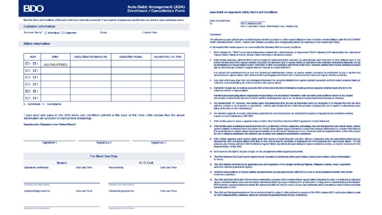 Bdo Ada Enrollment Form | PDF