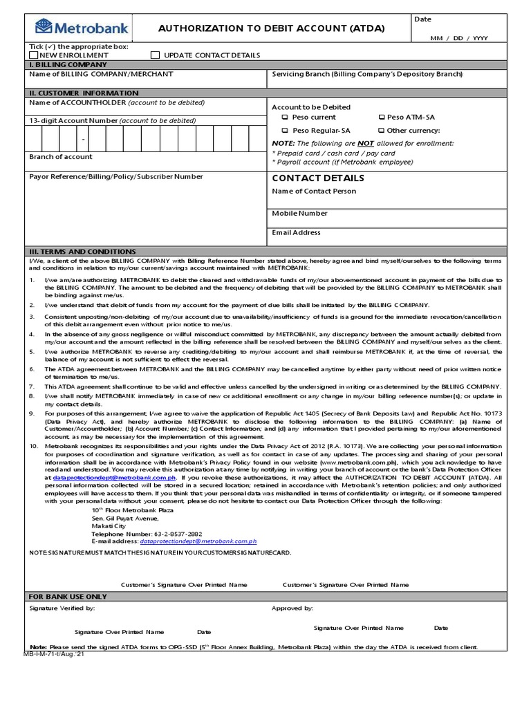 Metrobank (Updated ATDA Form) | PDF | Debit Card | Payments