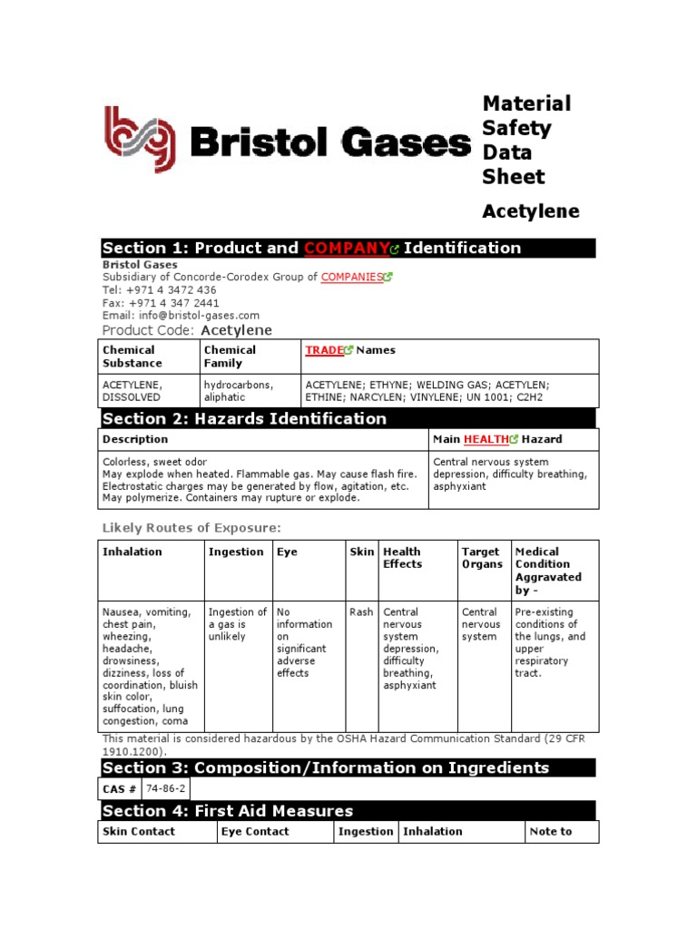 Acetylene Safety Data Sheet (UN1001) | PDF | Firefighting | Combustion