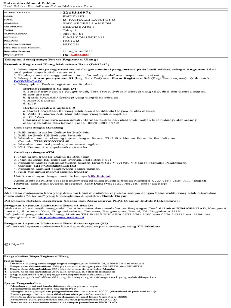 Cetak Hasil Seleksi Pendaftaran Online PMB Onli | PDF