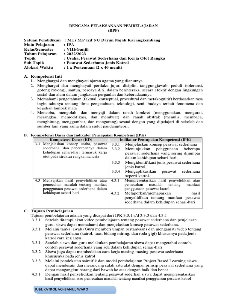 RPP PJBL Katrol Ahsan | PDF