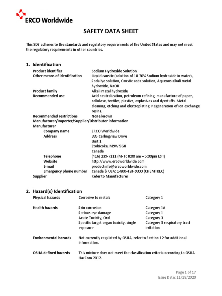 SAFETY DATA SHEET US Sodium Hydroxide Solution | PDF | Firefighting ...