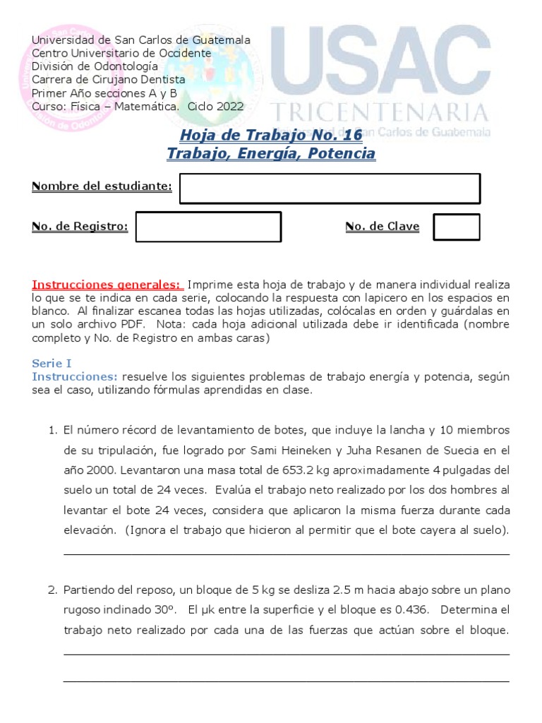 Hoja de Trabajo. Trabajo, Energía y Potencia. 2022 | PDF | Fuerza ...