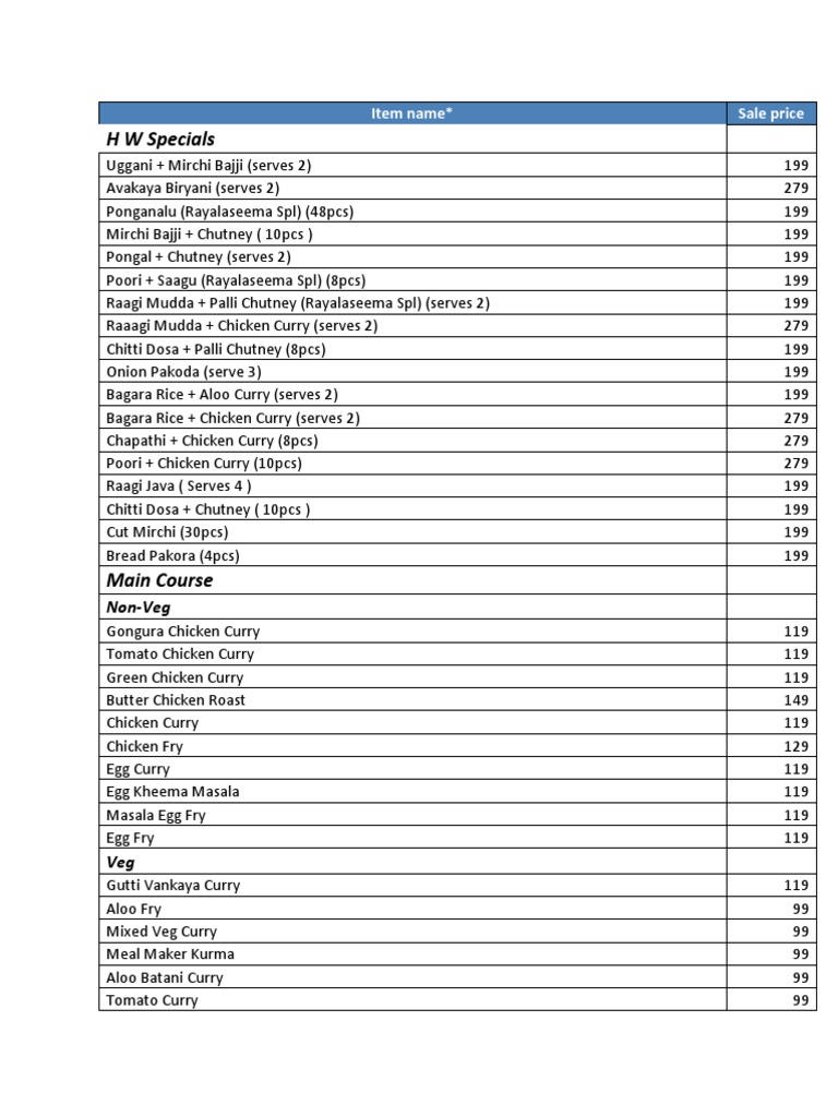 H W Specials: Item Name Sale Price | PDF | Food And Drink Preparation | Cuisine Of The Americas