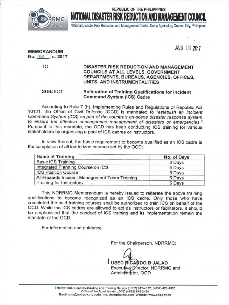 NDRRMC Memo No. 100 S 2017 Training Qualifications For ICS Cadre - 2021 ...