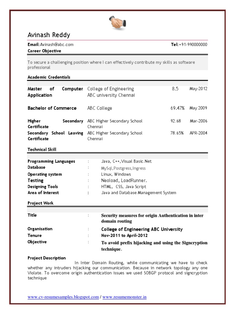 Computer Engineering Resume Format For Freshers | PDF | Computing ...