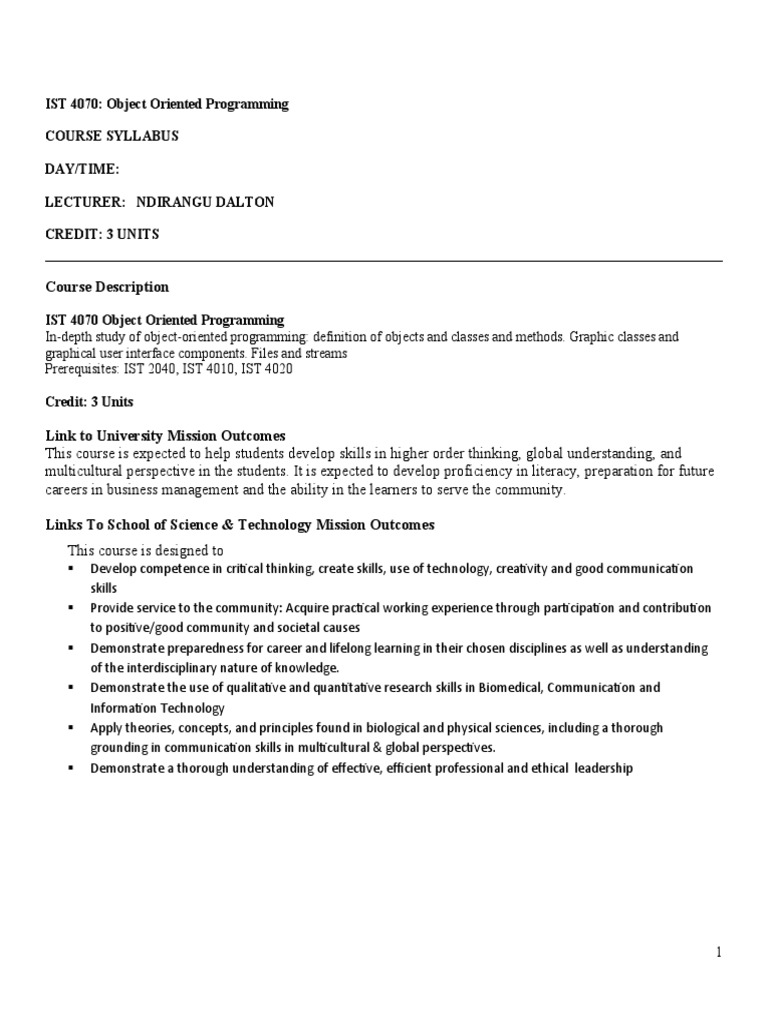 IST 4070 Course Syllabus | PDF | Object Oriented Programming | Inheritance (Object Oriented ...