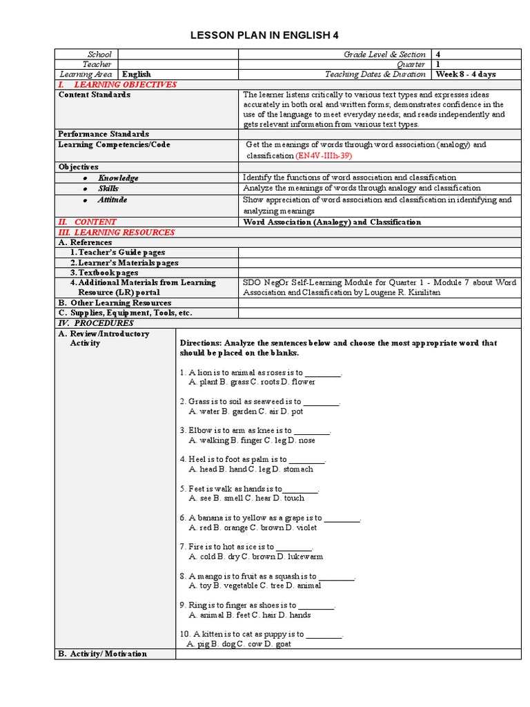 English4 - Q1 - DLP - Week8 - Analogy - Classification | PDF | Learning ...