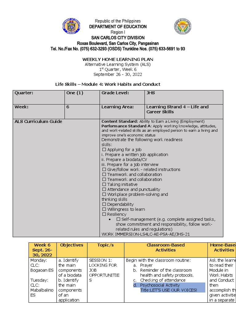 ALS Week 6: Work Habits & Conduct | PDF | Job Interview | Learning