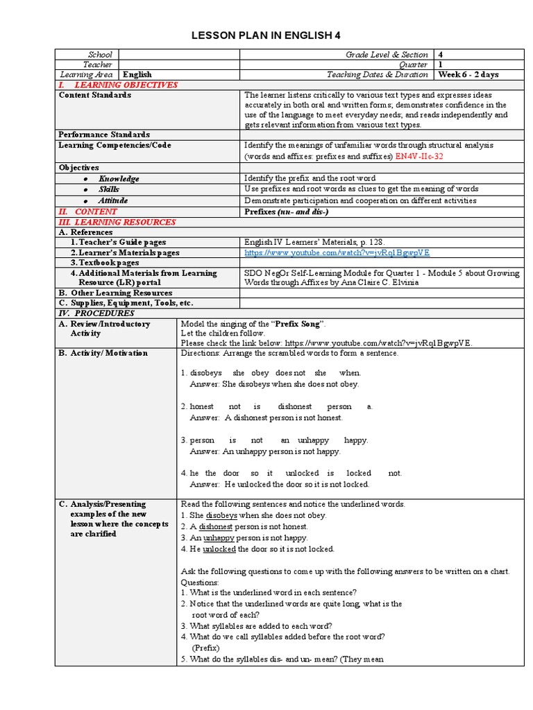 English4 Q1 DLP Week6 Prefixes | PDF | Learning | Teachers