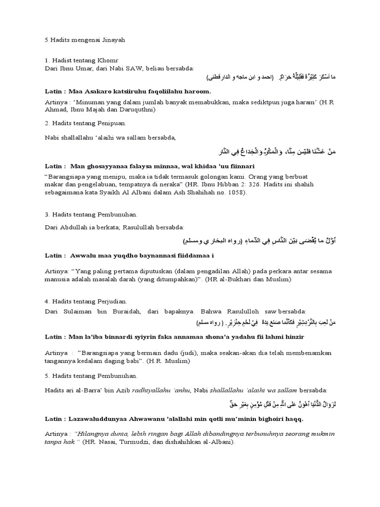5 Hapalan Hadits Tentang Jinayah | PDF