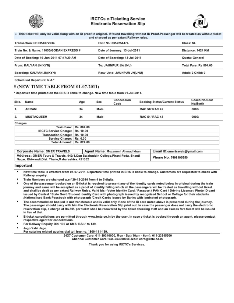 Irctcs E-Ticketing Service Electronic Reservation Slip