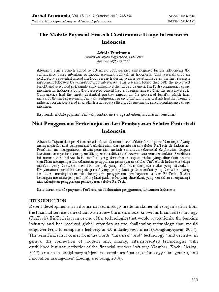 The Mobile Payment Fintech Continuance Usage Intention In Indonesia Pdf