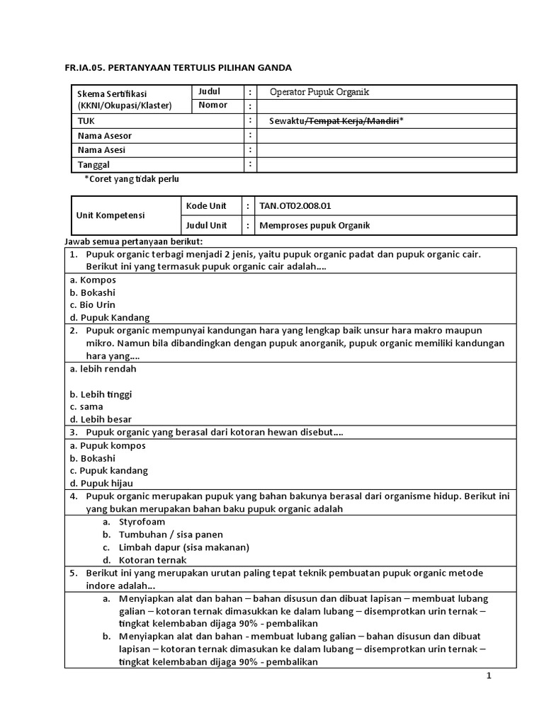 Contoh Soal Pupuk Organik 2022 | PDF