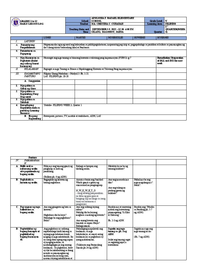 DLL - Filipino 4 - Q1 - W3 | PDF