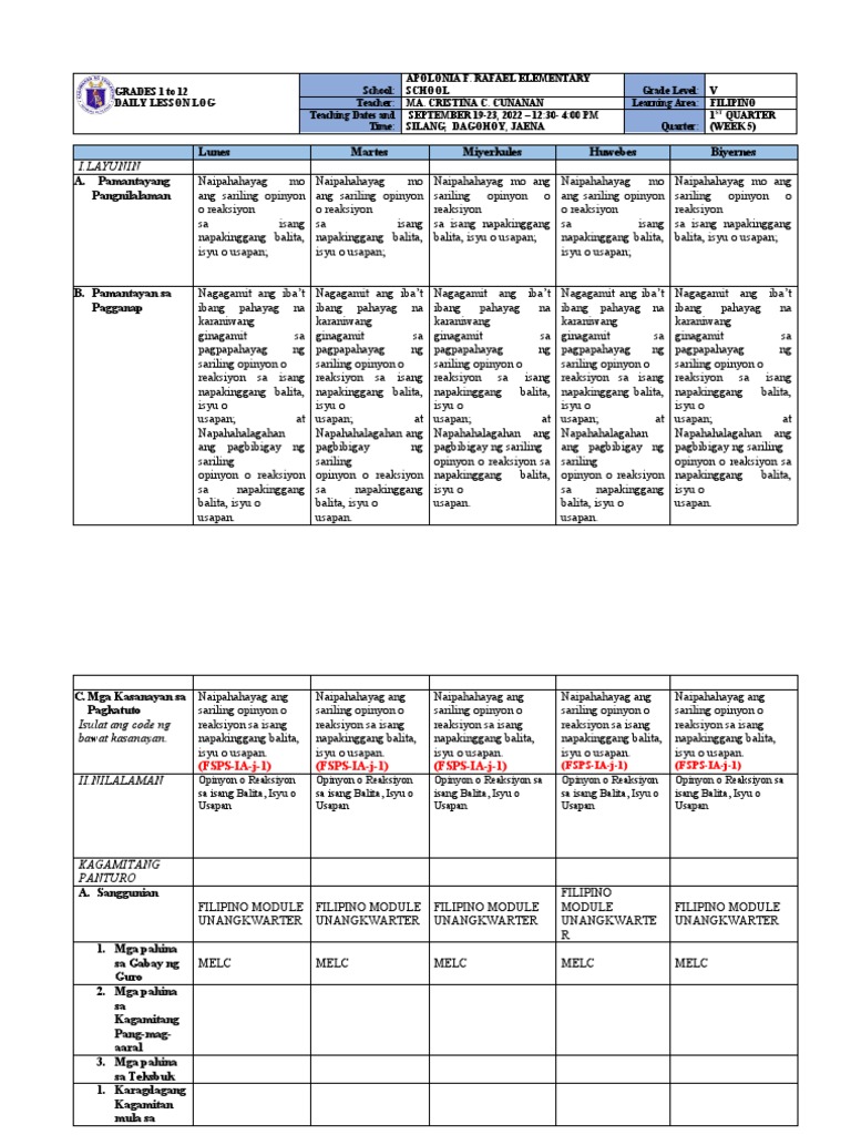 DLL - Filipino 4 - Q1 - W5 | PDF