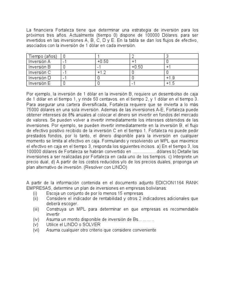 Practica 6 Ejercicio MPL Financieros | PDF | Inversiones | Dólar de los Estados Unidos