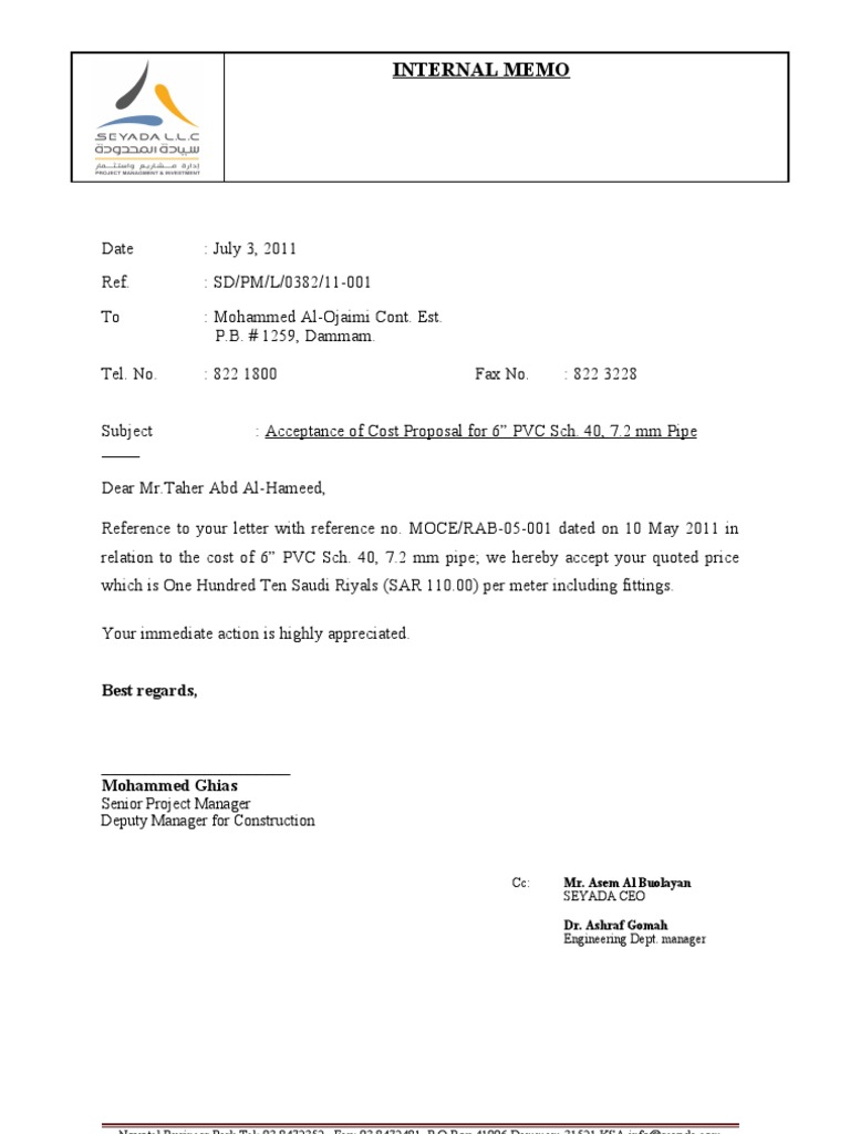 Acceptance of PVC Pipe Cost Proposal | PDF
