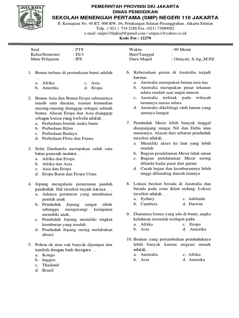 Judul PTS IPS Kelas IX SMP Negeri 110 Jakarta | PDF