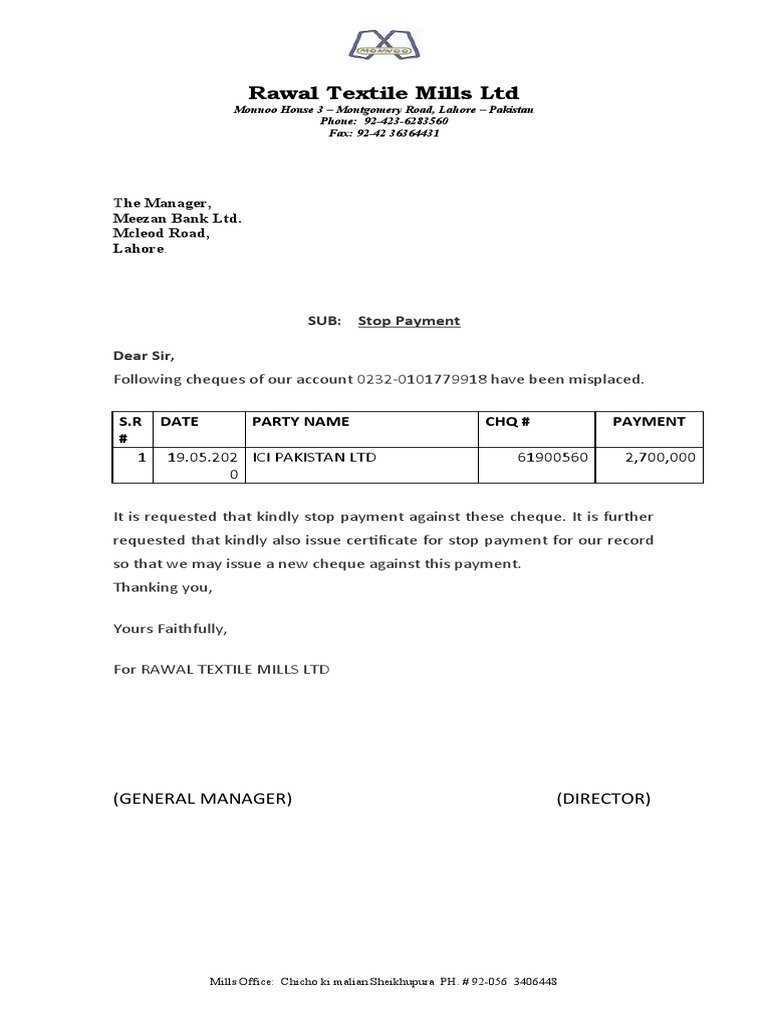 Stop Payment Request | PDF | Banking | Government Of Pakistan