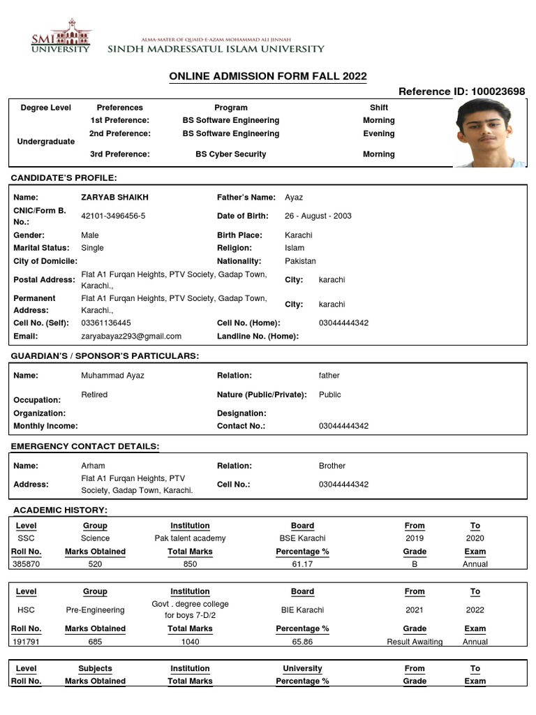 Admission Form | PDF | University And College Admission | Test (Assessment)