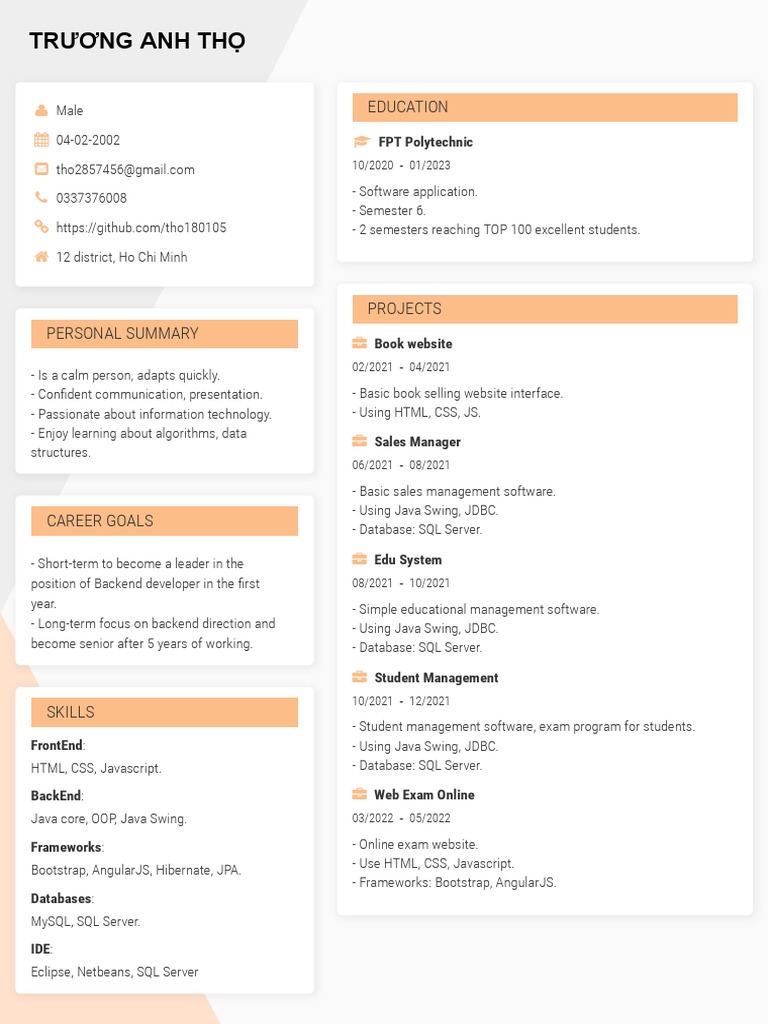 CV TruongAnhTho | PDF | Angular Js | Bootstrap (Front End Framework)