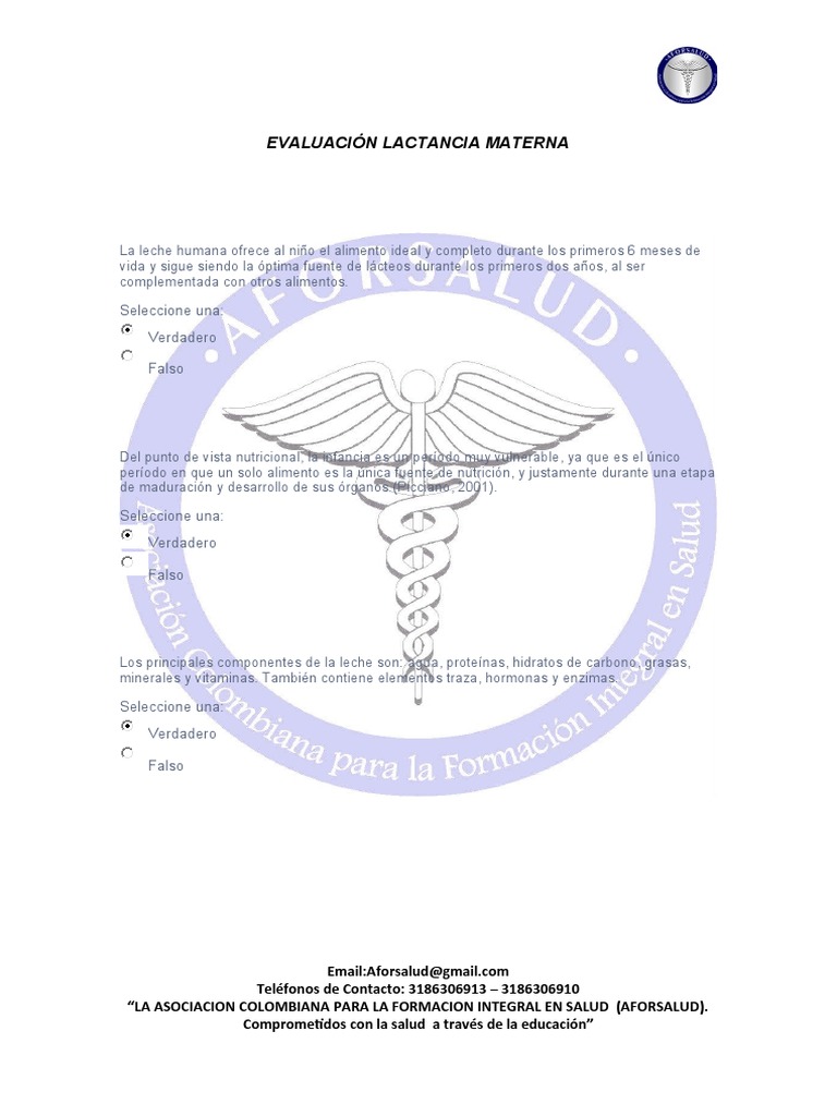 Evaluación Curso Lactancia Materna | PDF | Leche | Nutrición Evaluación Curso Lactancia Materna | PDF | Leche | Nutrición