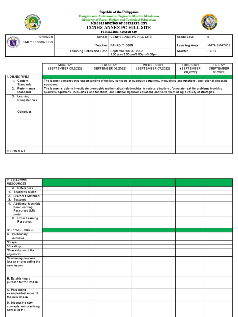 DLL Math 9 Blank | PDF | Mathematics | Learning