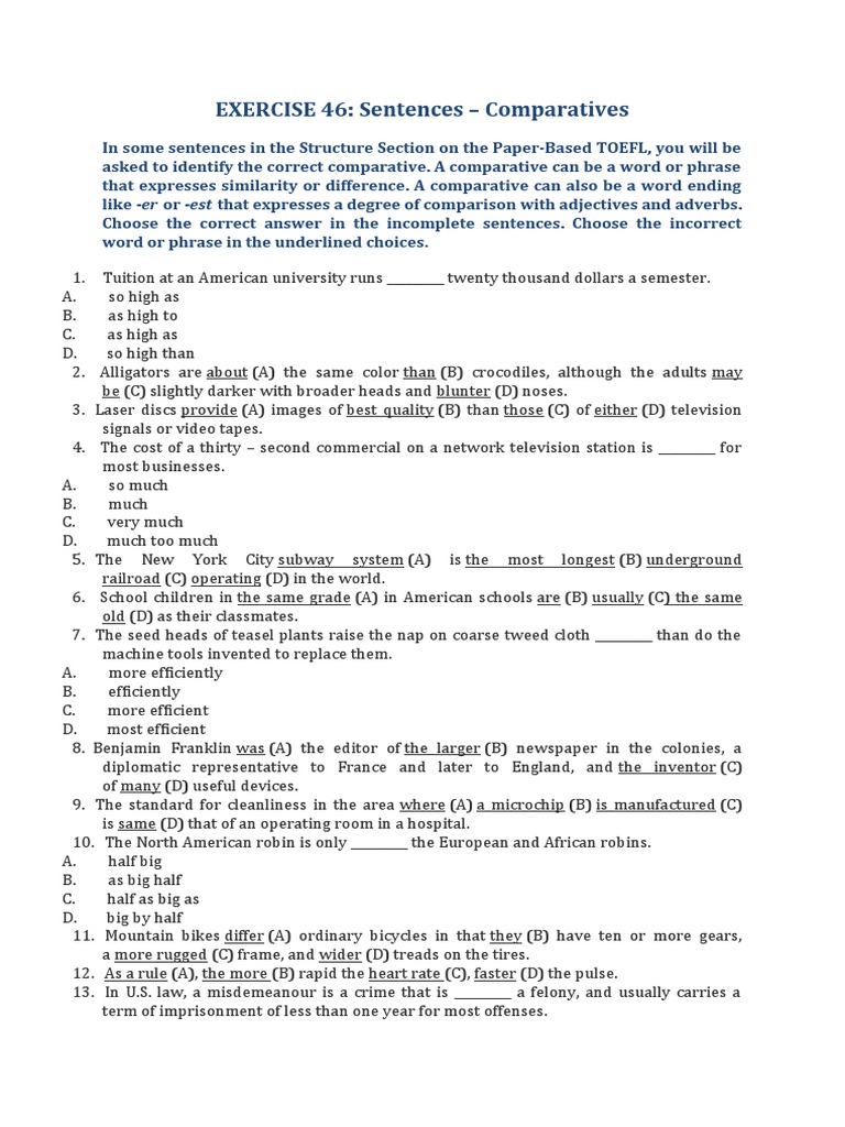 EXERCISE 46 Sentences - Comparatives | PDF | Adverb | Adjective