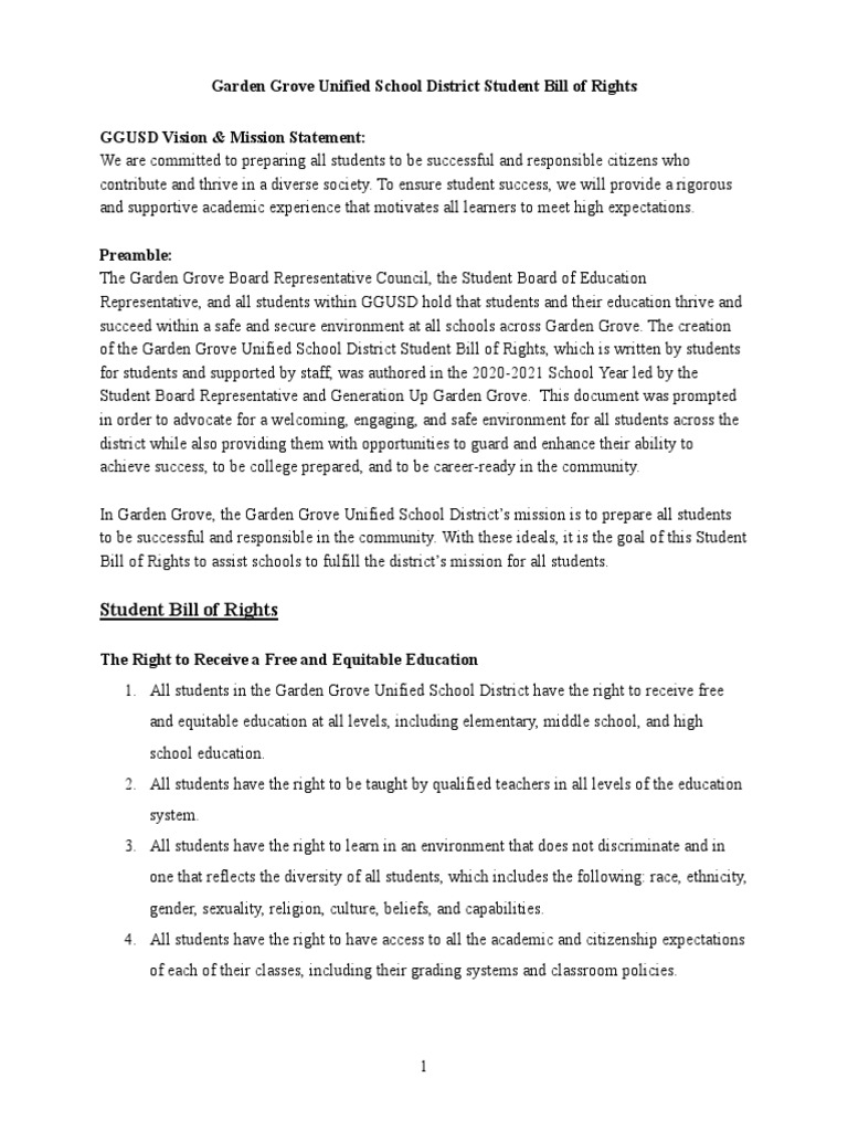 FINAL GGUSD Student Bill of Rights | PDF | Teachers | Schools