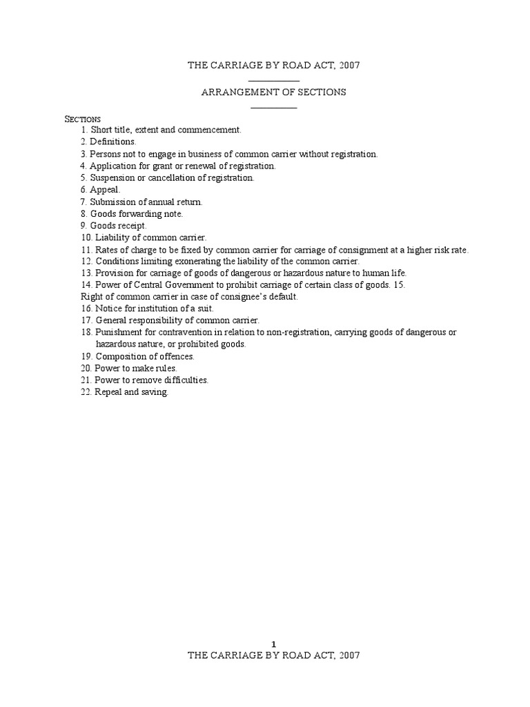 Carriage by Road Act, 2007 | PDF | Common Carrier | Legal Liability