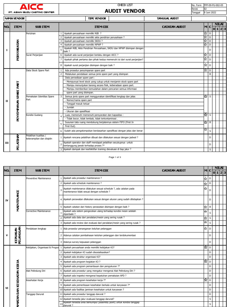 Check List - Audit Vendor Jasa | PDF