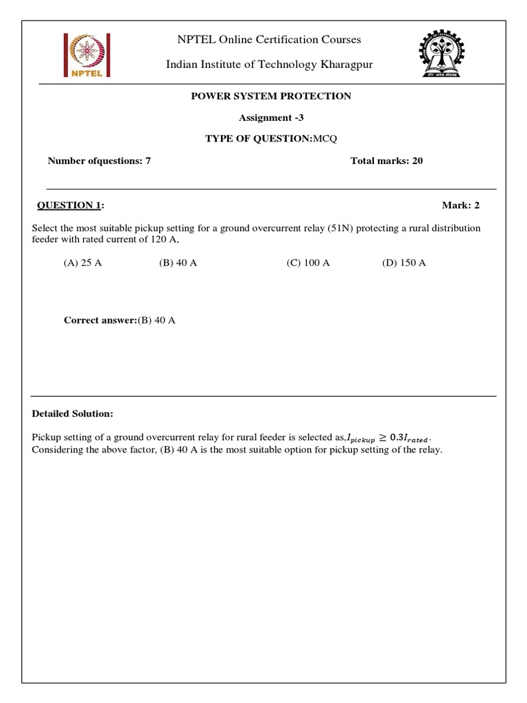 NPTEL_assignment_3_Overcurrent | PDF | Electricity | Electrical Engineering